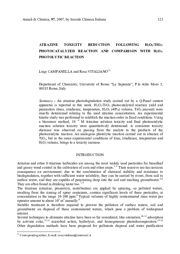 (PDF) Atrazine Toxicity Reduction Following H2O2/TiO2‐Photocatalyzed ...