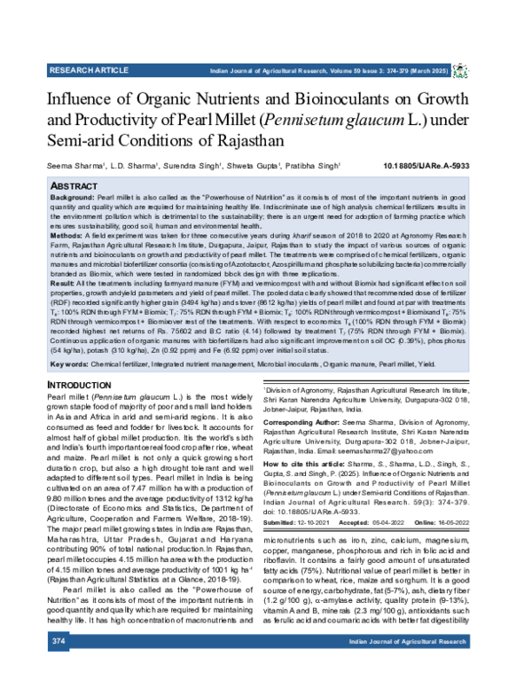 (PDF) Influence of Organic Nutrients and Bioinoculants on Growth and ...
