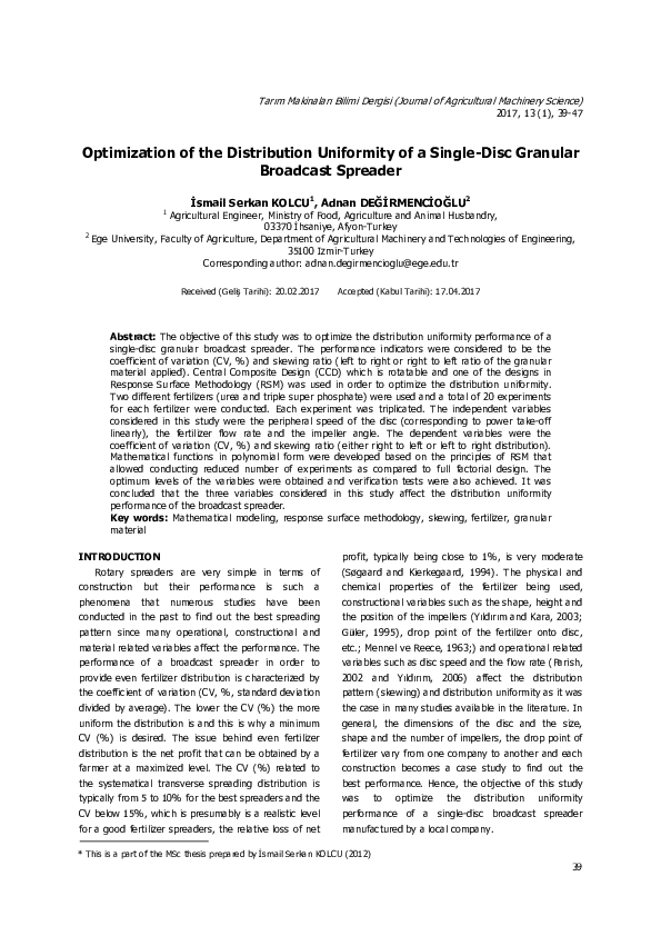 (PDF) Optimization of the Distribution Uniformity of a Single-Disc Granular Broadcast Spreader