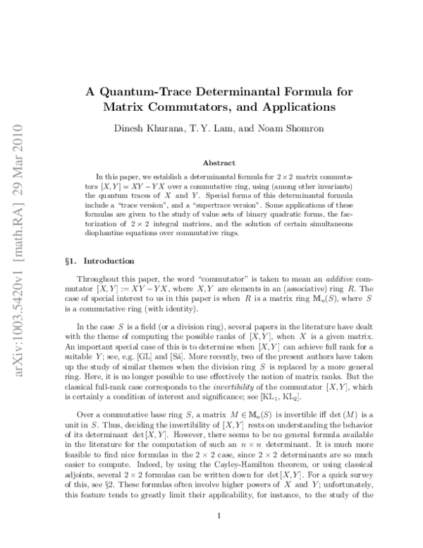(PDF) A quantum-trace determinantal formula for matrix commutators, and ...