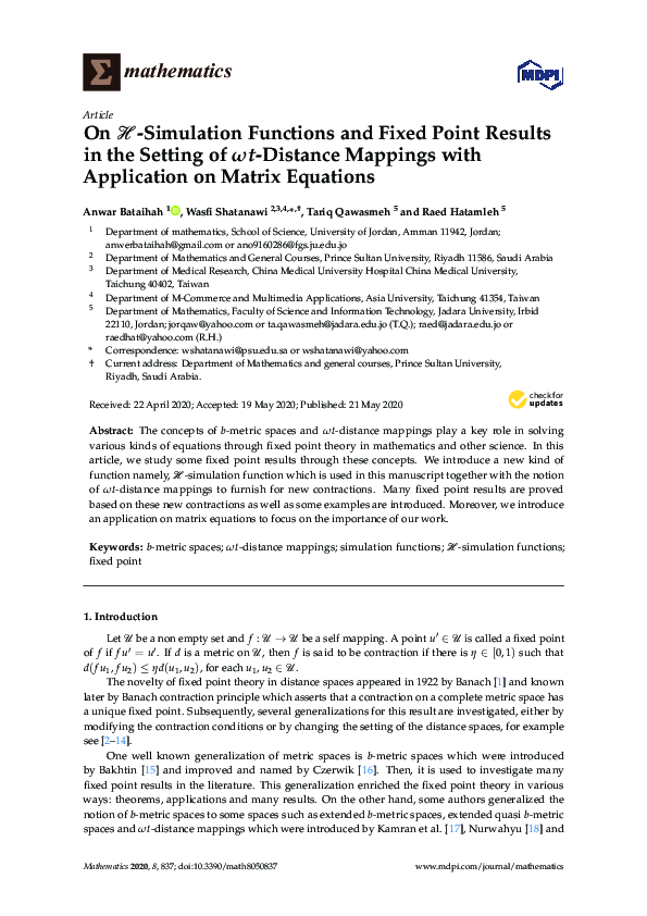 (PDF) On ℋ-Simulation Functions and Fixed Point Results in the Setting of ωt-Distance Mappings ...