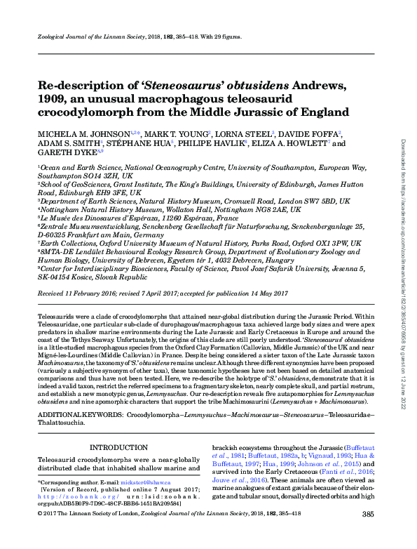 (PDF) Re-description of ‘Steneosaurus’ obtusidens Andrews, 1909, an ...
