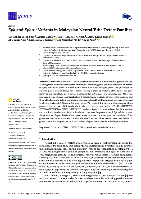 (PDF) Eph and Ephrin Variants in Malaysian Neural Tube Defect Families