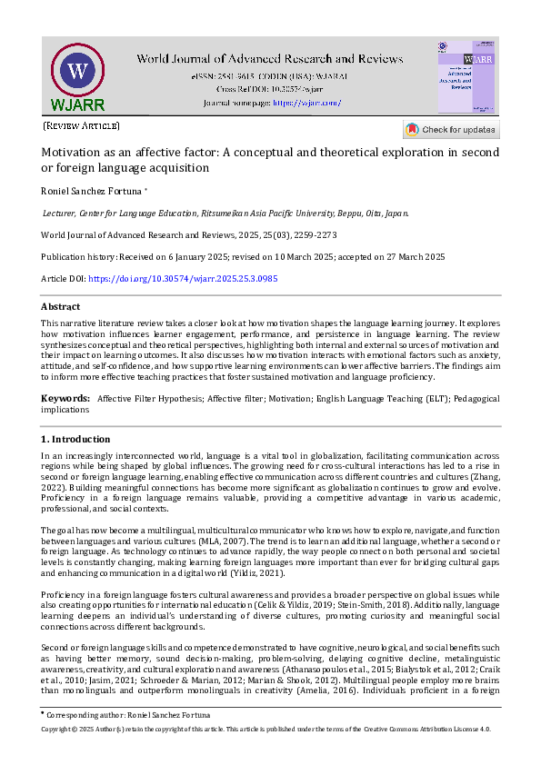 (PDF) Motivation as an affective factor A conceptual and theoretical exploration in second or ...