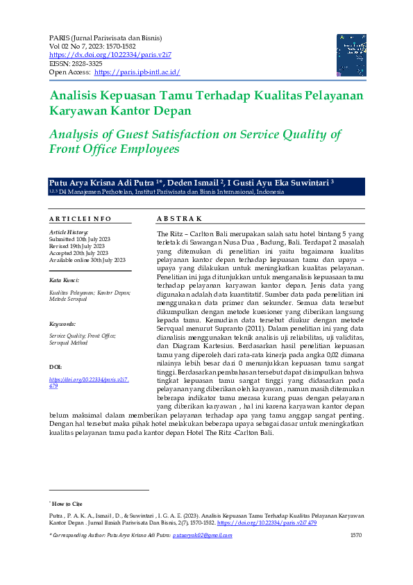 (PDF) Analisis Kepuasan Tamu Terhadap Kualitas Pelayanan Karyawan Kantor Depan