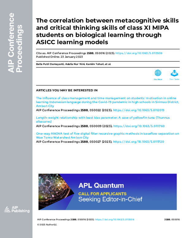 Pdf The Correlation Between Metacognitive Skills And Critical Thinking Skills Of Class Xi Mipa