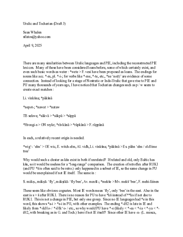(PDF) Uralic and Tocharian (Draft 3)