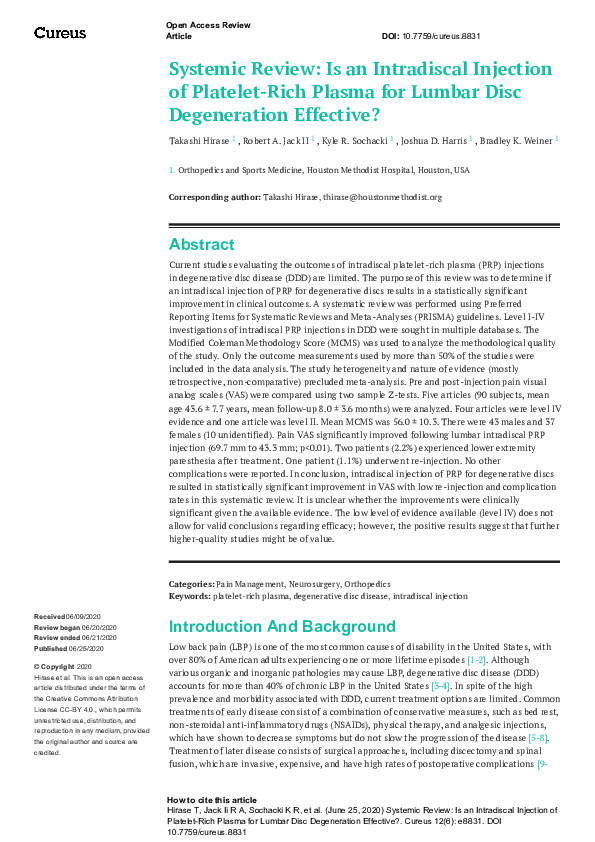 (PDF) Systemic Review: Is an Intradiscal Injection of Platelet-Rich ...