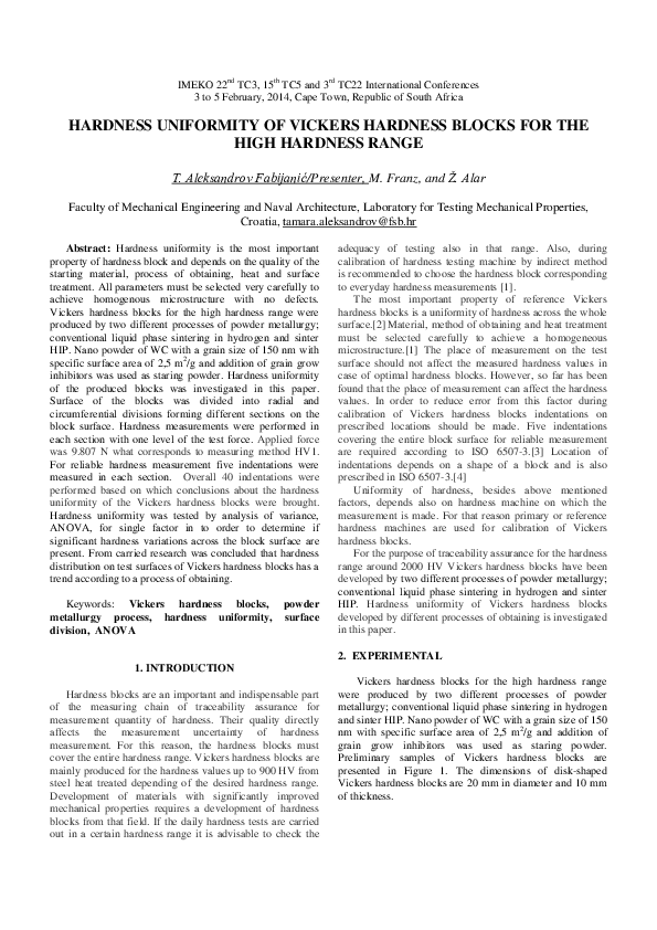 (PDF) Hardness Uniformity of Vickers Hardness Blocks for the High ...