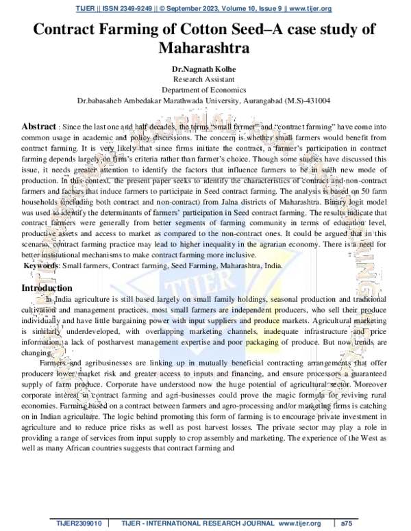 (PDF) Contract Farming of Cotton Seed-A case study of Maharashtra
