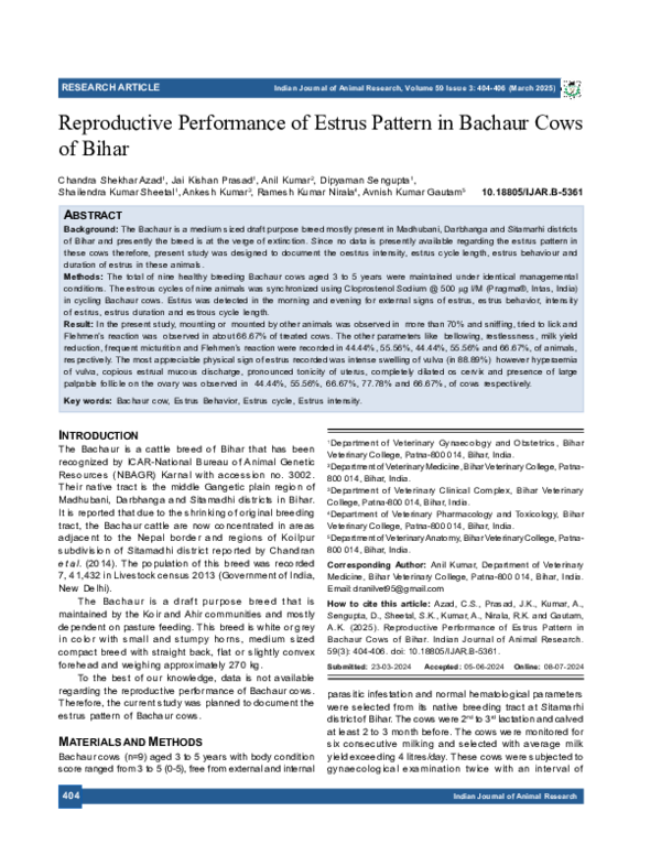 (PDF) Reproductive Performance of Estrus Pattern in Bachaur Cows of Bihar