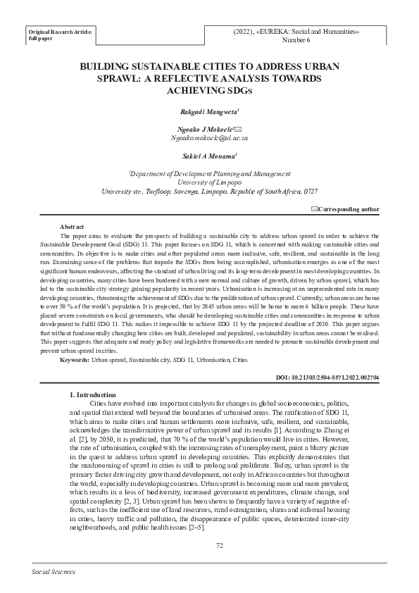 (PDF) Building sustainable cities to address urban sprawl: a reflective ...