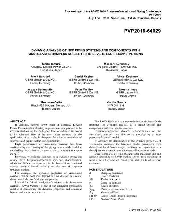 (PDF) Dynamic Analysis of NPP Piping Systems and Components With Viscoelastic Dampers Subjected ...