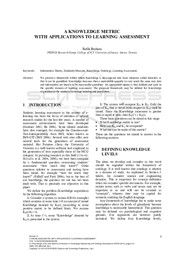 (PDF) A Knowledge Metric with Applications to Learning Assessment