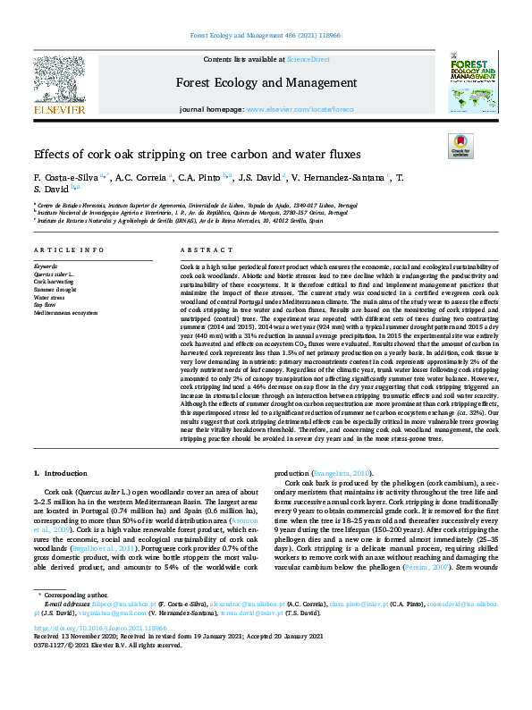 (PDF) Effects of cork oak stripping on tree carbon and water fluxes