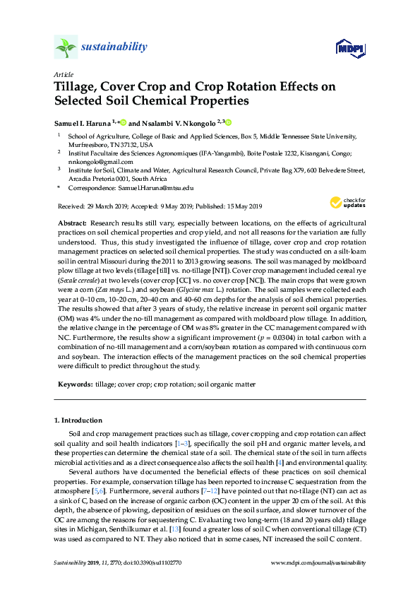 (PDF) Tillage, Cover Crop and Crop Rotation Effects on Selected Soil Chemical Properties
