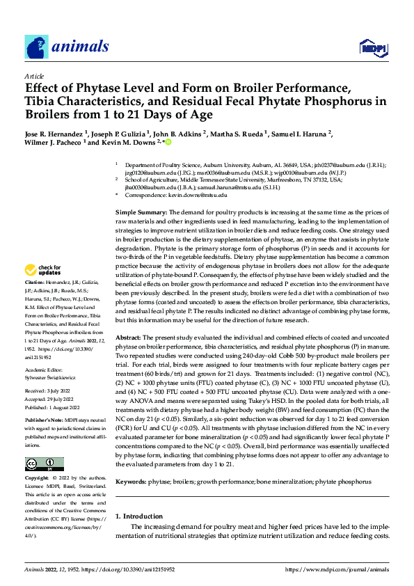 (PDF) Effect of Phytase Level and Form on Broiler Performance, Tibia Characteristics, and ...