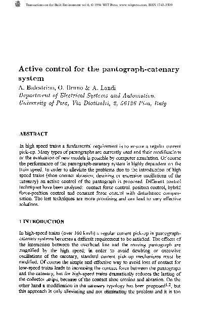 (PDF) Active Control For The Pantograph-catenarySystem