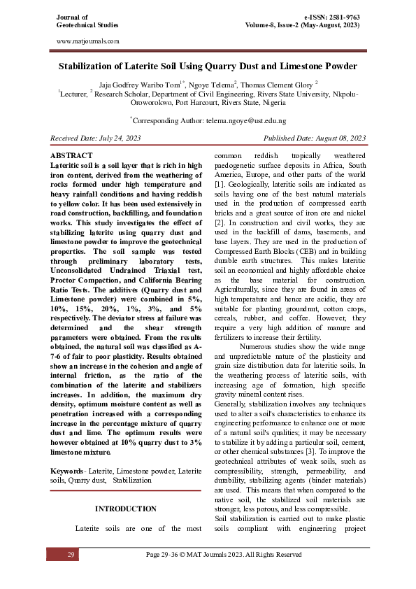 (PDF) Stabilization of Laterite Soil Using Quarry Dust and Limestone Powder