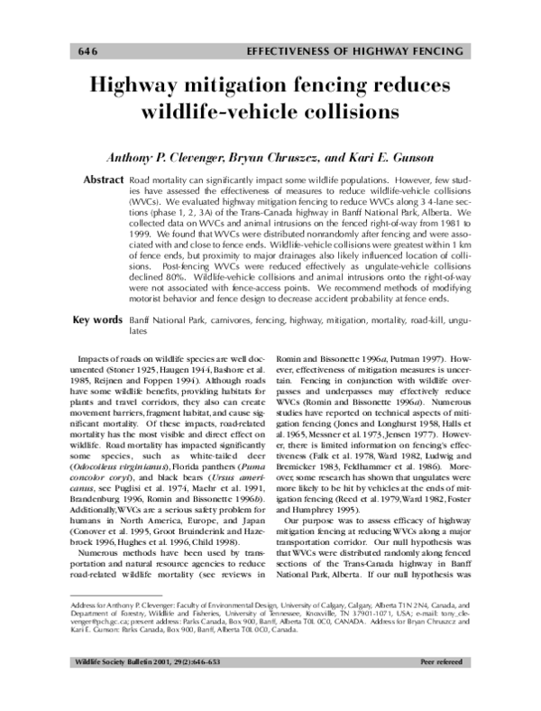 (PDF) Highway Mitigation Fencing Reduces Wildlife-Vehicle Collisions