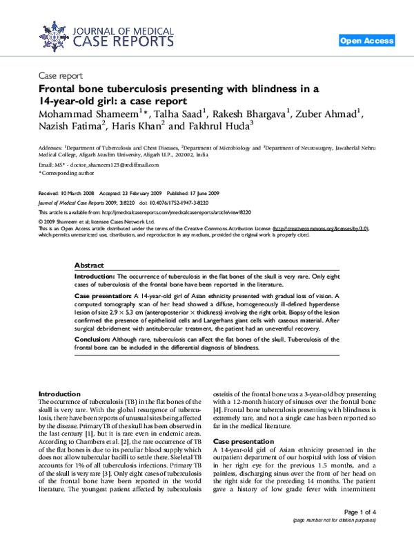 (PDF) Frontal bone tuberculosis presenting with blindness in a 14-year ...