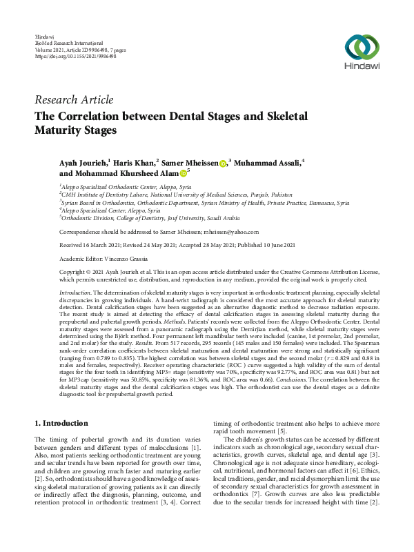 (PDF) The Correlation between Dental Stages and Skeletal Maturity Stages