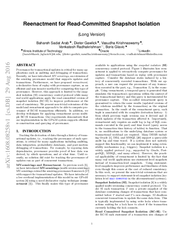 (PDF) Reenactment for Read-Committed Snapshot Isolation