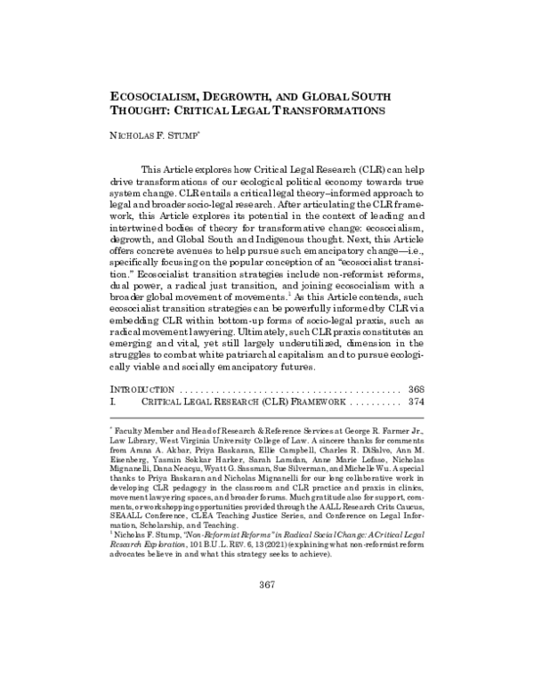 (PDF) ECOSOCIALISM, DEGROWTH, AND GLOBAL SOUTH THOUGHT: CRITICAL LEGAL TRANSFORMATIONS