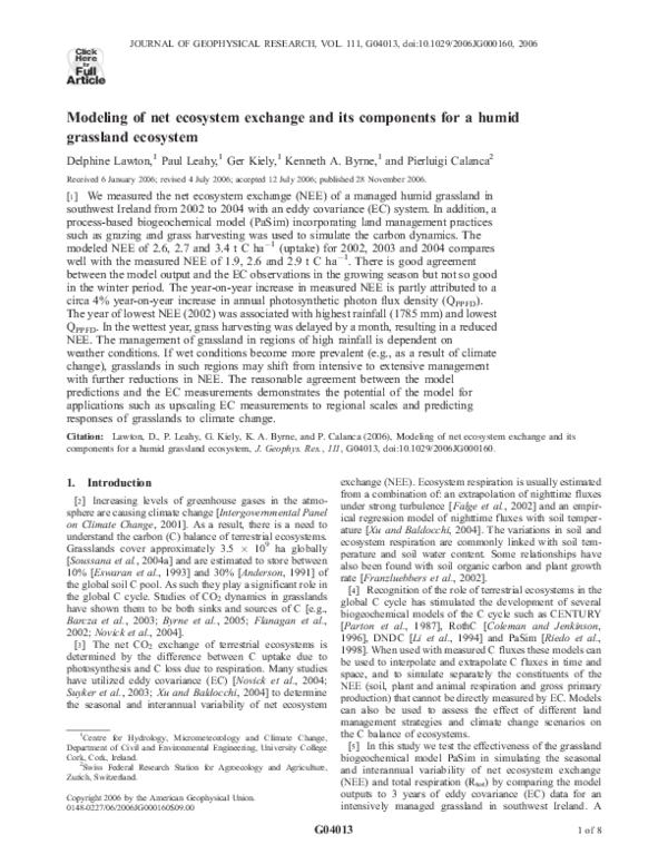 (PDF) Modeling of net ecosystem exchange and its components for a humid ...