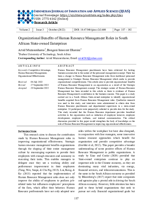 (PDF) Organizational Benefits of Human Resource Management Roles in ...