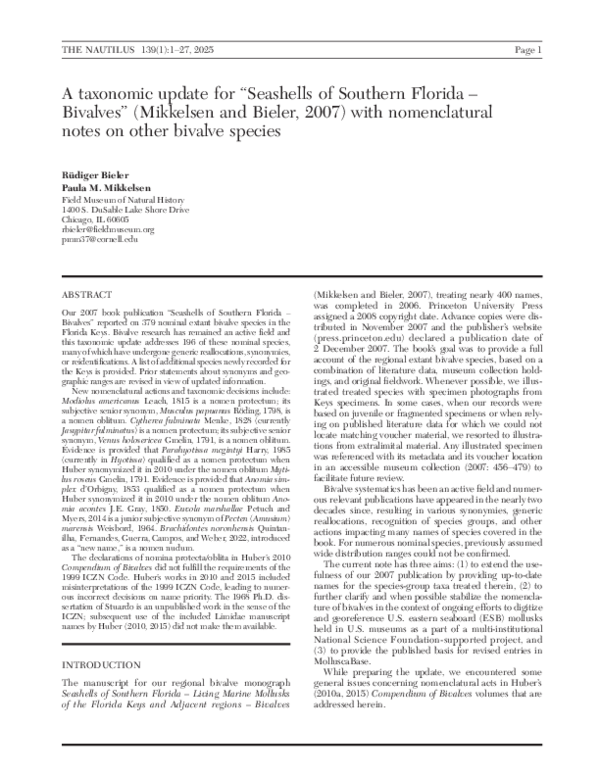 (PDF) A taxonomic update for "Seashells of Southern Florida -Bivalves ...
