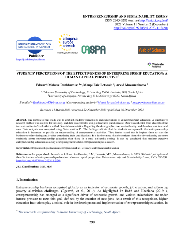 (PDF) STUDENTS' PERCEPTIONS OF THE EFFECTIVENESS OF ENTREPRENEURSHIP ...