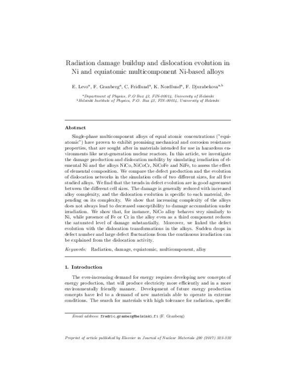 (PDF) Radiation damage buildup and dislocation evolution in Ni and equiatomic multicomponent Ni ...
