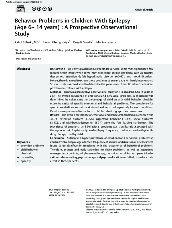 (PDF) Behavior Problems in Children With Epilepsy (Age 6–14 years): A ...