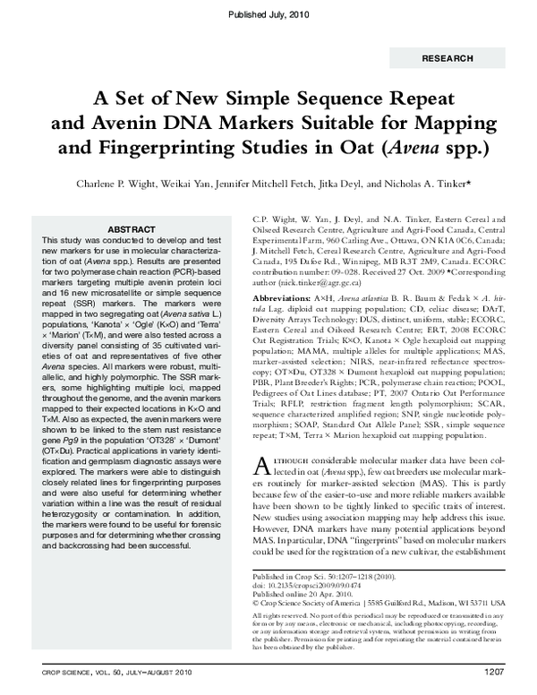 (PDF) A Set of New Simple Sequence Repeat and Avenin DNA Markers ...
