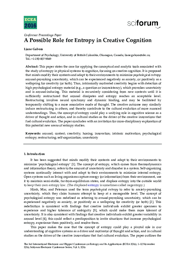 (PDF) A Possible Role for Entropy in Creative Cognition