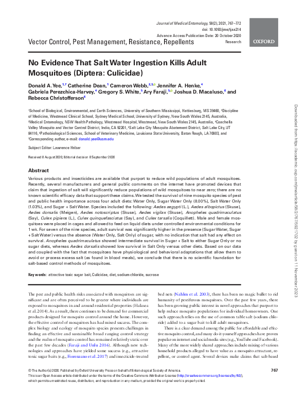 (PDF) No Evidence That Salt Water Ingestion Kills Adult Mosquitoes ...