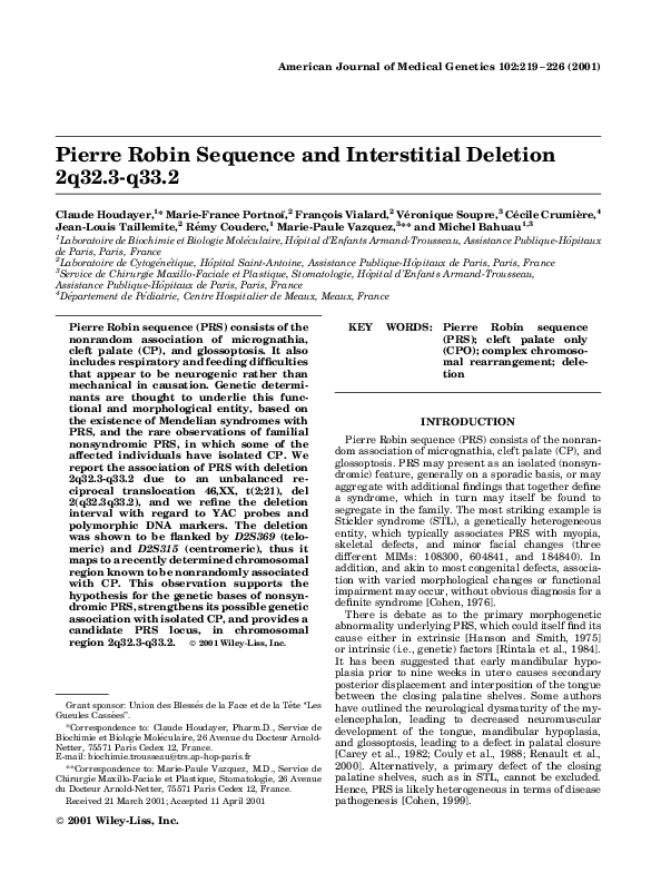 (PDF) Pierre Robin sequence and interstitial deletion 2q32.3-q33.2