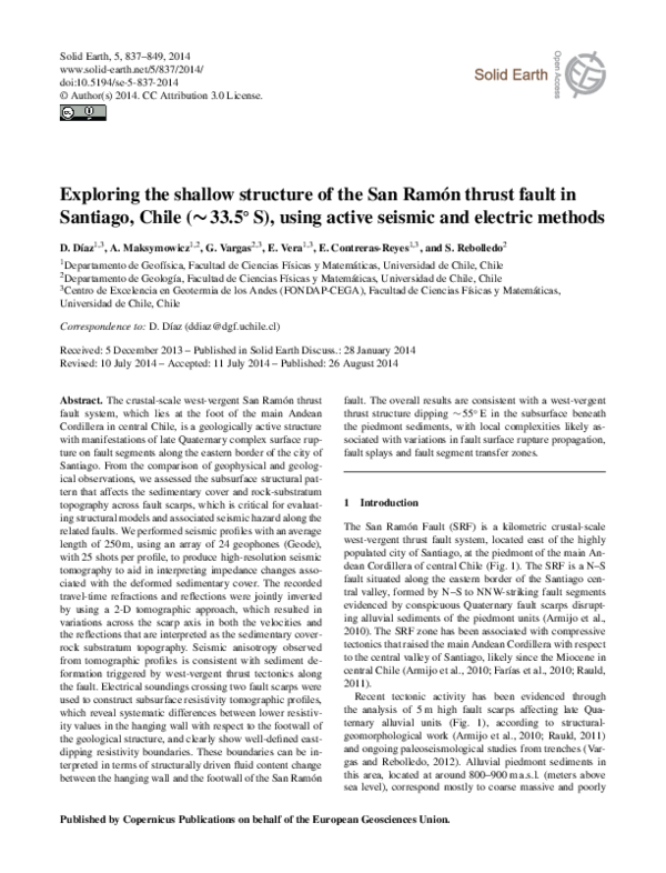 (PDF) Exploring the shallow structure of the San Ramón thrust fault in ...