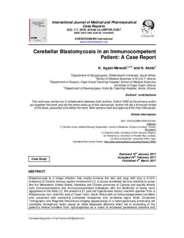 (PDF) Cerebellar Blastomycosis in an Immunocompetent Patient: A Case Report