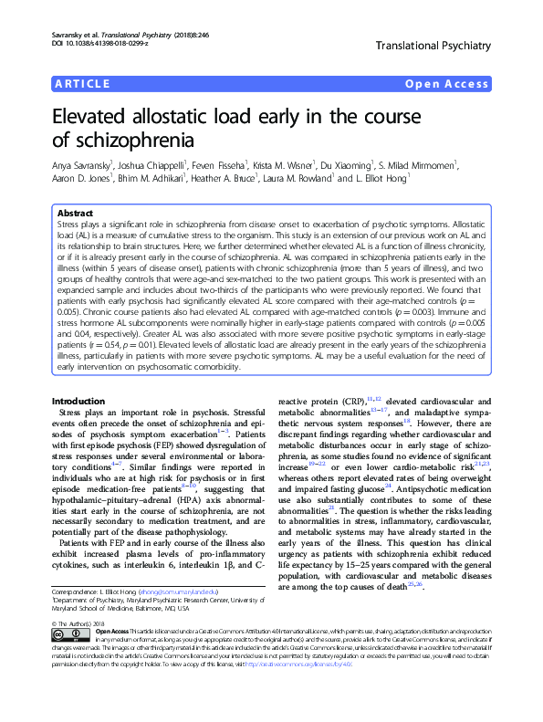 (PDF) Elevated allostatic load early in the course of schizophrenia