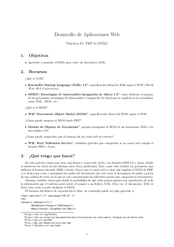 (PDF) Desarrollo de Aplicaciones Web. Práctica 11: PHP 6 (DOM) (curso 2018-2019)
