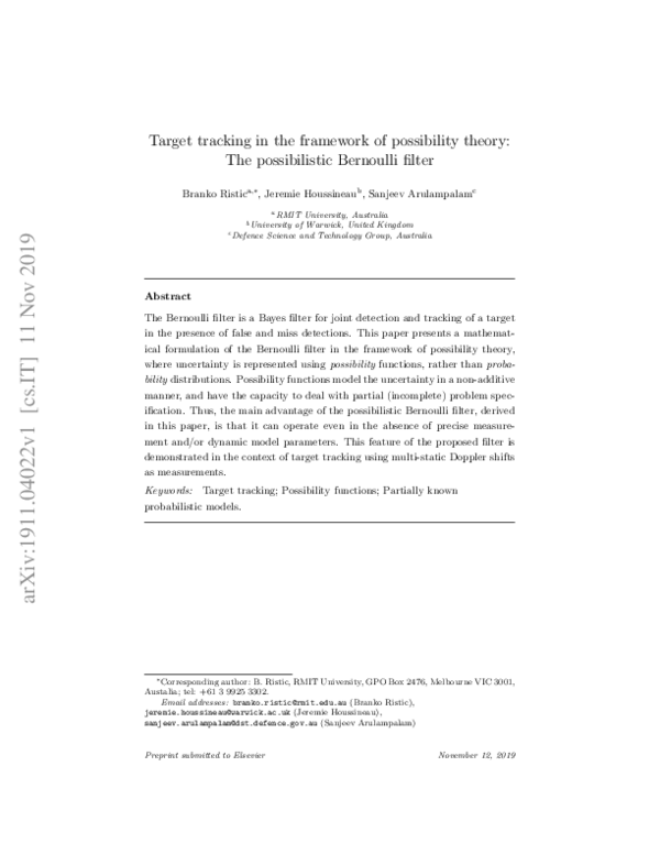 (PDF) Target tracking in the framework of possibility theory: The possibilistic Bernoulli filter