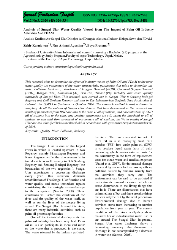 (PDF) Analysis of Sungai Ular Water Quality Viewed from The Impact of ...