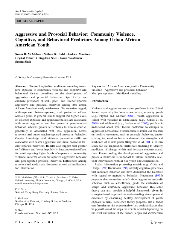 (PDF) Aggressive and Prosocial Behavior: Community Violence, Cognitive ...