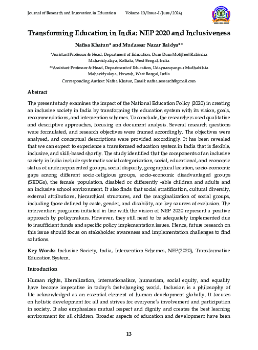 (PDF) Transforming Education in India: NEP 2020 and Inclusiveness