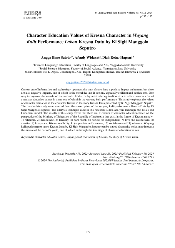 (PDF) Character Education Values of Kresna Character in Wayang Kulit Performance Lakon Kresna ...