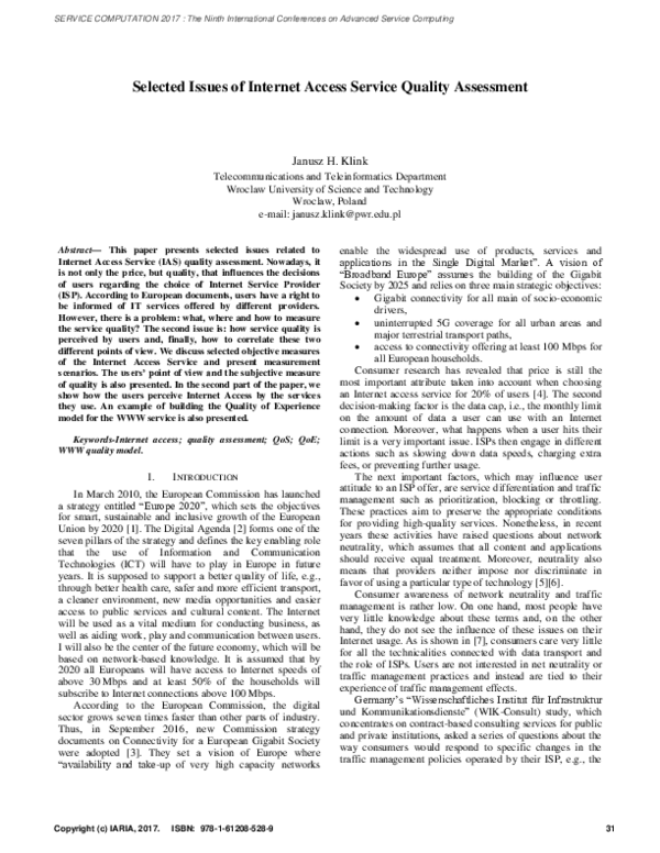 (PDF) Selected Issues of Internet Access Service Quality Assessment