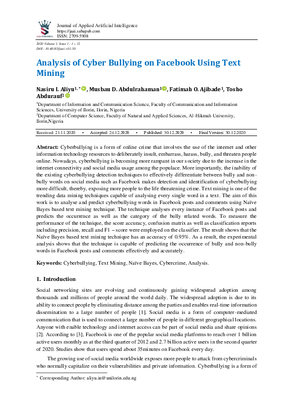 (PDF) Analysis of Cyber Bullying on Facebook Using Text Mining