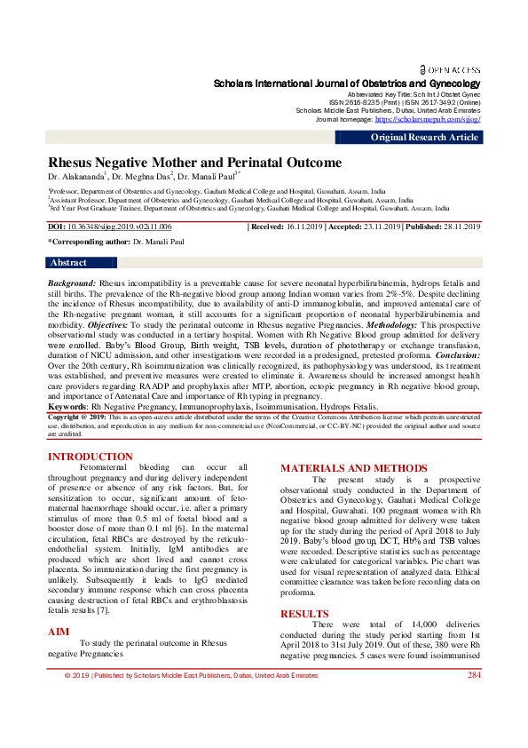 (PDF) Rhesus Negative Mother and Perinatal Outcome